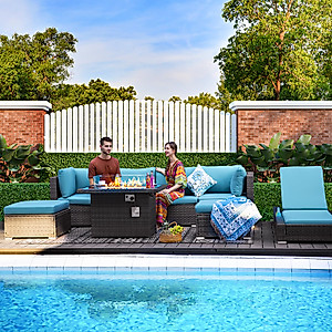 RADIATA PE Wicker Patio Furniture Set Sectional High Back Large Size Sofa Sets with Propane Fire Pit Table 55000 BTU Balcony Rattan Lounge Conversation Sets for Outdoor (11 Pieces,Sky Blue)
