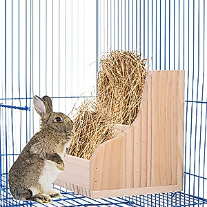 ZARYIEEO Rabbit Hay Feeder, Wooden Grass & Food 2 in 1 Double Use Dispenser, Wood Rack Manger Holder for Bunny Guinea Pig Chinchilla, Less Wasted Indoor Bowl Small Animal Pet-self Feeding Bin