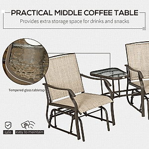 Outsunny Outdoor Glider Chairs with Coffee Table, Patio 2-Seat Rocking Chair Swing Loveseat with Breathable Sling for Backyard, Garden, and Porch, Light Brown