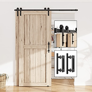 WINSOON 9FT Single Track Bypass Sliding Barn Door Hardware Kit for Double Doors with 2PCS 12 Inch Sliding Barn Door Handles Black Hardware