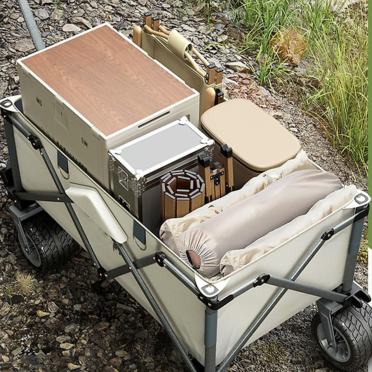 Garden Carts,Collapsible Wagon,Sports Outdoor Utility Wagon Garden Wagon Steel Frame Foldable Yard Car Off-Road Wheels with Brakes Camping Cart BBQ 200Kg Load,(a) White