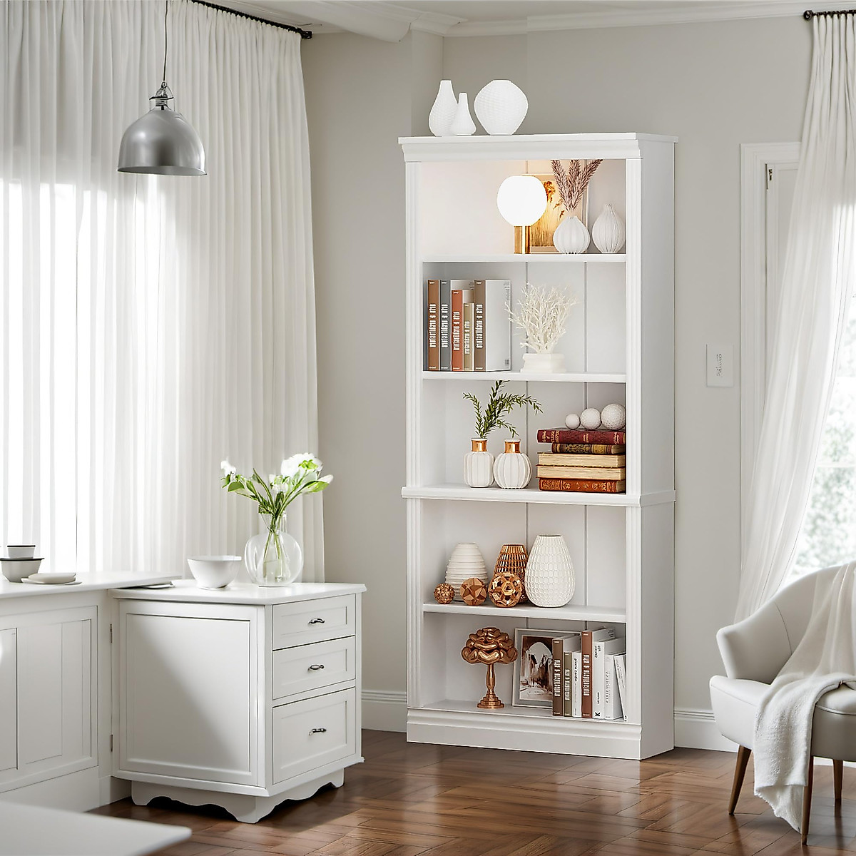 Furniwell Bookcase Bookshelves, 5-Shelf Tall Bookcase 72" Wood Open Display Floor Bookshelf, Large Storage Organizer for Library, Bedroom, Living Room (White)