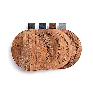 DEMDACO Time to Wine Down Good Time Natural Brown Round 4 inch Acaia Wood Coasters Set of 4