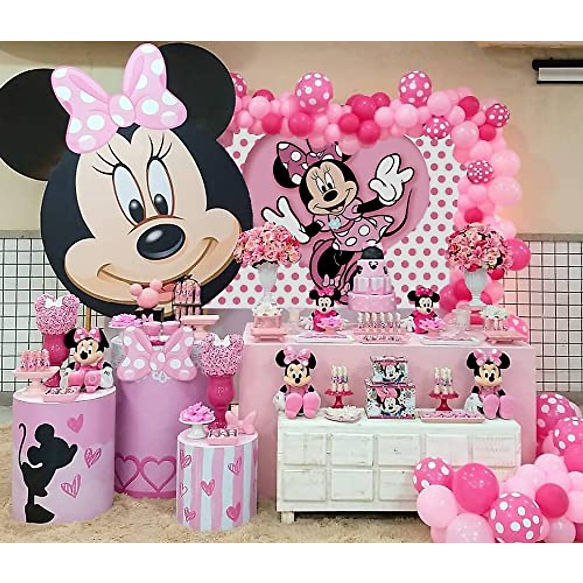 Pink Mouse Baby Shower Backdrop 7x5ft White Background Happy Birthday Backdrop for Girls Birthday Themed Party Backgrounds