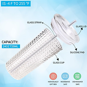 Birity Glass Cups With Lids and Glass Straws,24oz High Borosilicate Glass Tumbler Iced Coffee Smoothie Soda Water Tea Cup-Wide Mouth Reusable Mason Jar Drinking Glasses Travel Mug, Clear