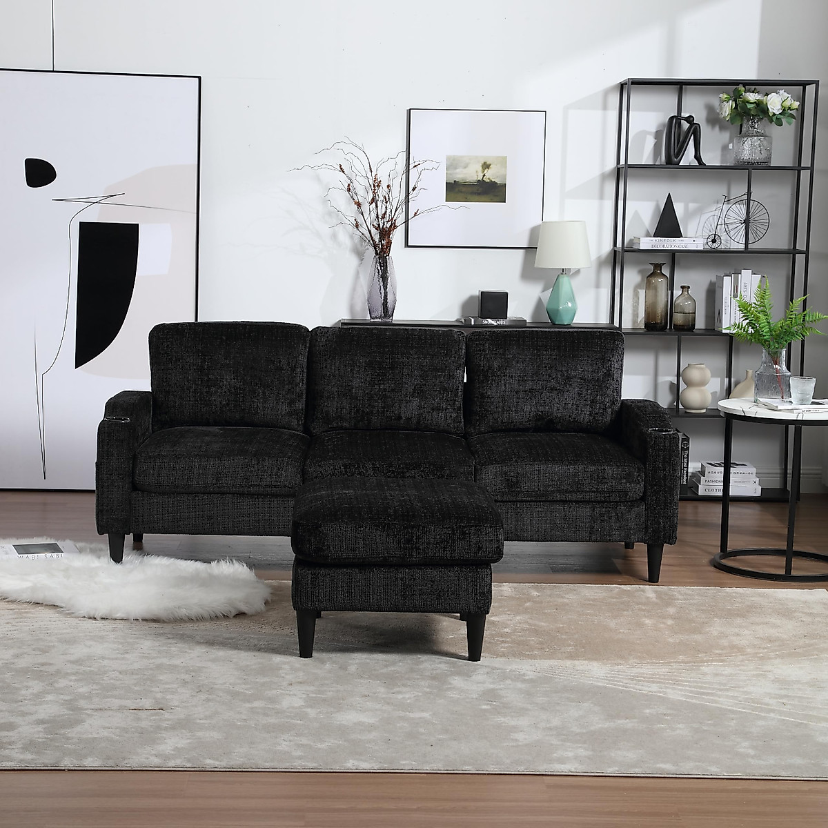 OUYESSIR 77.4" Chenille L Shaped Sectional Sofa Couch, 3 Seat Sofa with Convertible Storage Ottoman and 2 Cup Holders, Modern Deep Seat Couch for Living Room Office Apartment, Black