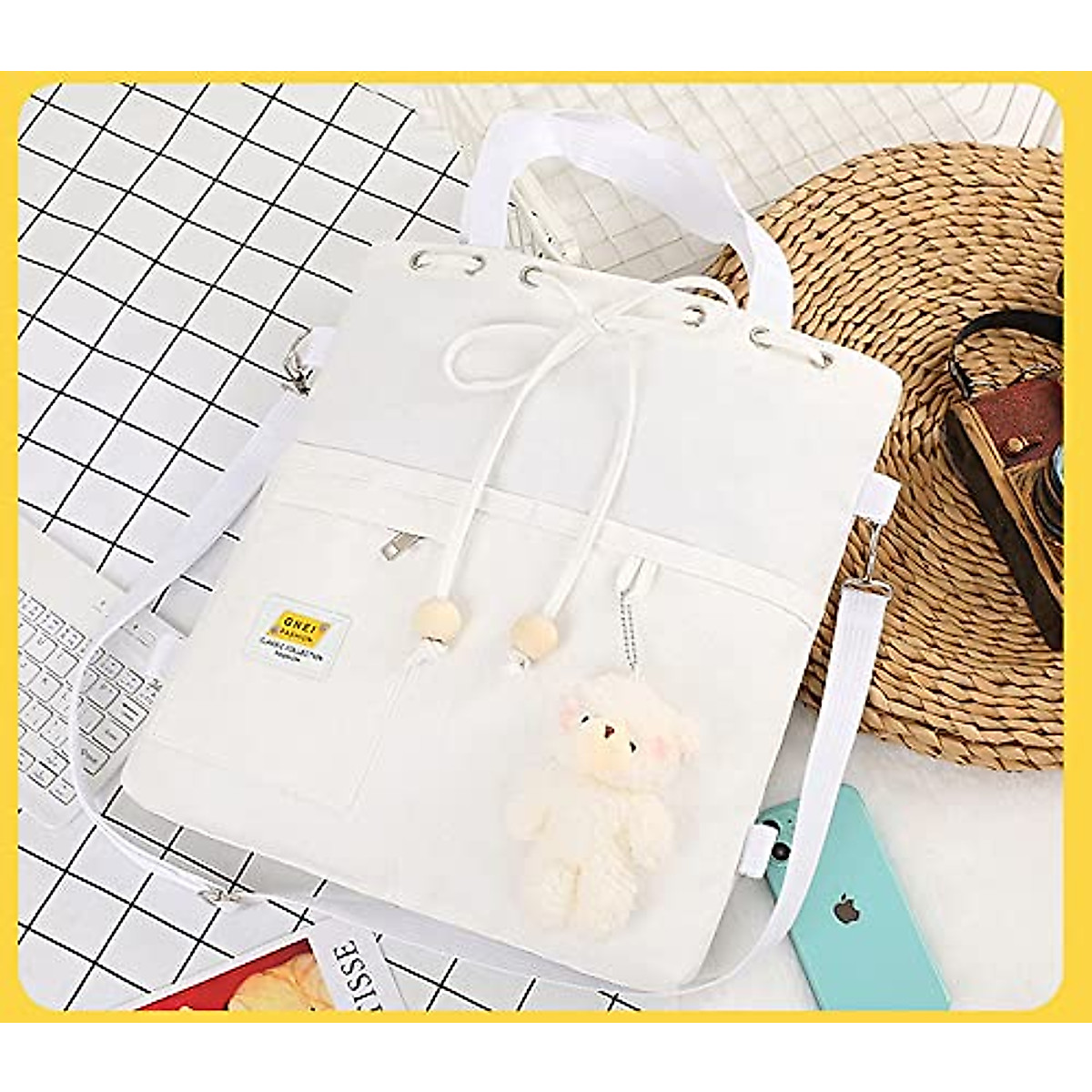 Kawaii Backpack with Plushies Adjustable Hooks Crossbody Bag Shoulder Bag Hand Tote Cute Aesthetic Backpack for School Girls (White)