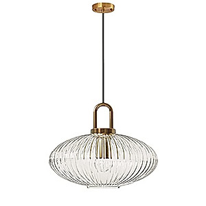 Debbte Industrial Vintage Pendant Lighting with Ribbed Glass Lamp Shade and Bronze Finish, Modern Retro Ceiling Light Hanging Lamp for Bedside Dining Table Kitchen Island (Transparent, 11.8")