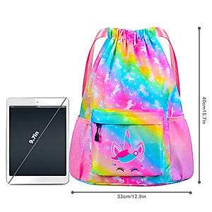 AuSleti Waterproof Drawstring Bag, Girls Beach Bag for Swimming, Gym Bag Sackpack Sports Backpack for Kids Girls, Rainbow Unicorns Gifts for Girl Drawstring Backpack