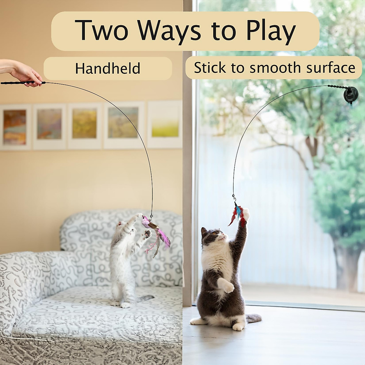 Felicity Suction Cup Cat Toy, 2 in 1 Interactive Bird Toy for Cats - 2 Strong Suction Cups, 9 Cat Feather Toys, 2 Durable Cat Wands, 1 Hanging Cat Toy - Interactive Cats Toys for Indoor Cats
