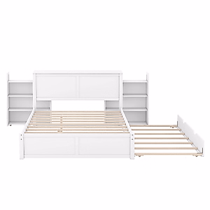 Queen Size Storage Bed with Trundle, Wood Platform Bed Frame with Storage Shelves Headboard and Twin Size Trundle Bed, Wooden Queen Beds for Kids Boys Girls Teens, White