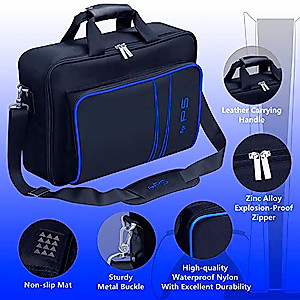 omarando Gaming Console Carrying Case,Compatible with PS5 or PS5 Slim,Travel Carrying Bag for Game Controller and Accessories,Included Controller Protective Box(Black-Blue)