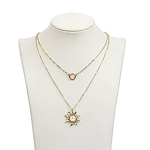 COLORFUL BLING Double Chains Moon and Sun Layered Choker Necklace Sunflower Opal Pendant Necklace Gift for Women-A double gold sun