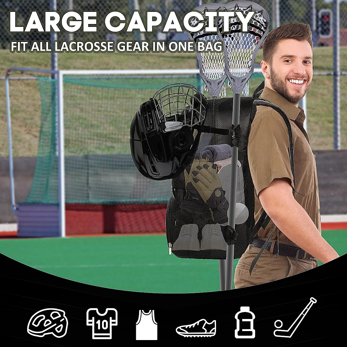 MARITTON Lacrosse Bag Backpack – Lacrosse Backpack Holds All Lacrosse or Field Hockey Equipment - Two Stick Holders and Separate Cleats Shoe Compartment. (BLK)