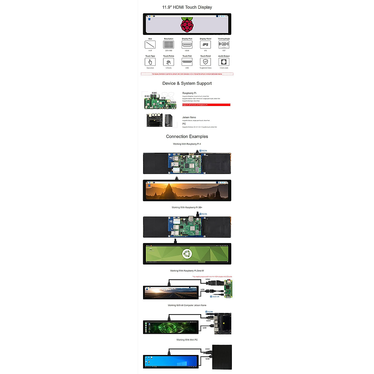 Iiunius 11.9inch Capacitive Touch Screen LCD, 320×1480, HDMI, IPS, Toughened Glass Cover, Fits Raspberry Pi,Jetson Nano,PC,Windows 10/8.1/8 / 7