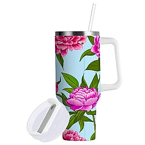 RPLIFE Pink Peonies Light Blue Stainless Steel Coffee Mug, Insulated Tumbler, Tumbler for Men