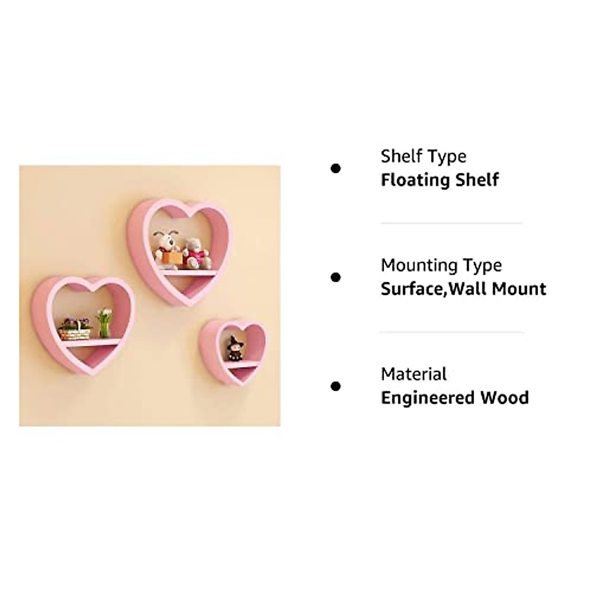 Set of 3 Heart-Shaped Floating Hexagon Shelves Set Wall Bracket Gloss Display Shelf Rack for TV DVD (Color : Pink)