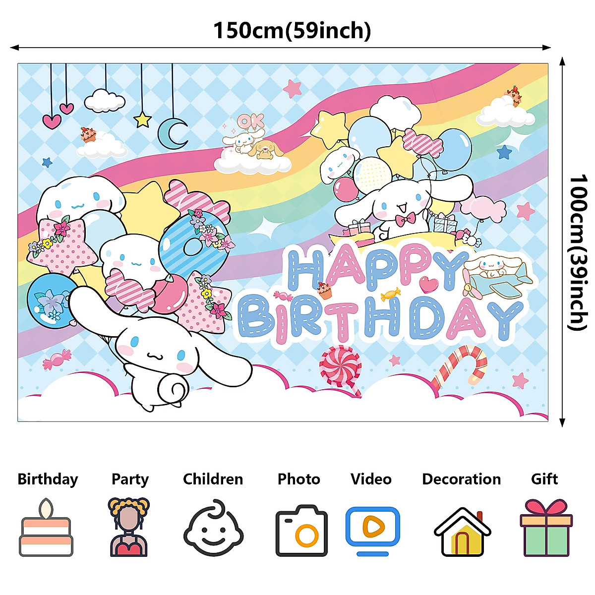 Cute Cartoon Party Supplies, 5 * 3FT Kids Cartoon Backdrop for Birthday, Happy Birthday Backdrop for Party Decorations, Party Favor Banner Decor Photo Background for Girls Boys Birthday Baby Shower