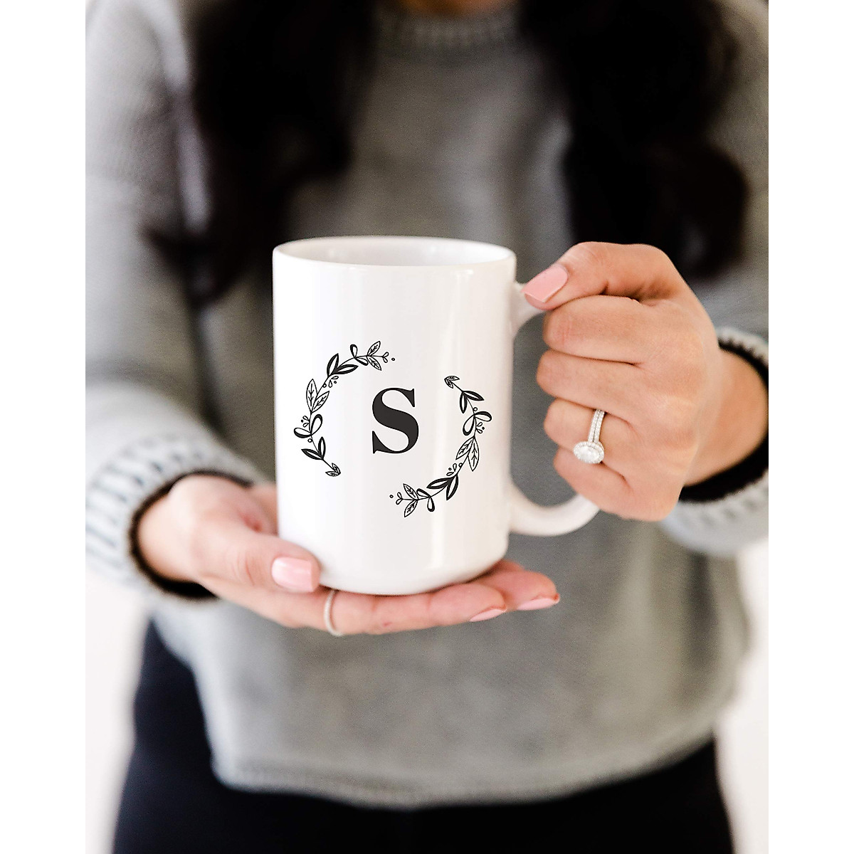 The Cotton & Canvas Co. Botanical Personalized Monogram Initial Letter S Coffee Mug Porcelain Ceramic Coffee Mug. For Her, For Him