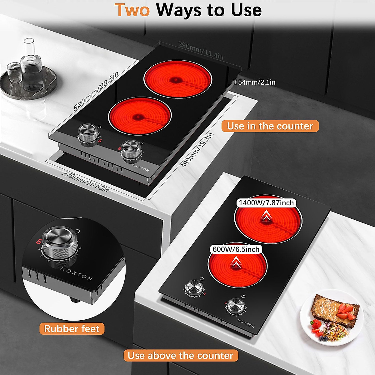 Noxton 110v Electric Cooktop 2 Burners, Plug in Electric Stove 12 Inch, Built-in or Above the Counter Use, 9 Power Level, Knob Control Ceramic Stovetop, Great for the Elderly