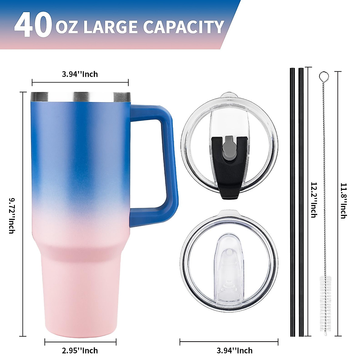 GUDEMAO 40 oz Tumbler with Handle, Insulated Tumbler with Lid and Straw, Reusable Stainless Steel Vacuum Insulated Cup, 100% Leak Proof Thermal Travel Coffee Mug Cup for Cold and Hot (Blue Pink)