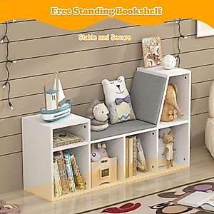 HedoajimKids Bookshelf with Reading Nook,Bookcase with 6 Cubby and Seat Cushion,Toddler Reading Bench and Toy Storage Organizer for Kids Room, Playroom, Classroom, Nursery,Bedroom