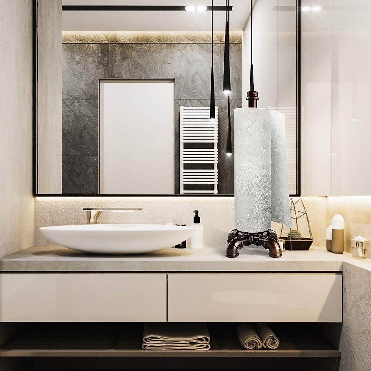 TLBTEK Floor Toilet Paper Holder Stand, Black Iron Farmhouse Paper Towel Rack,Rustic Industrial Vintage DIY Style Pipe Roll Tissue Holder Heavy Duty for Bathroom, Bedroom, Kitchen (Brown)