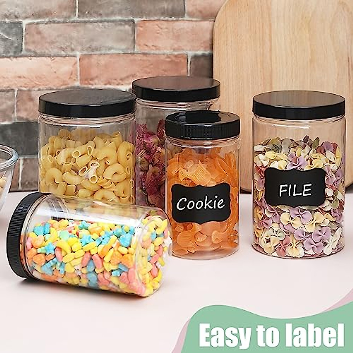 OUSHINAN 24 Pack Clear Plastic Jars - 32oz & 16oz Plastic Containers with Black Screw-0n Llids Reusable Storage Jars ldeal for Kitchen and Household Organization (lncludes 24 Labels and 1 Pen)