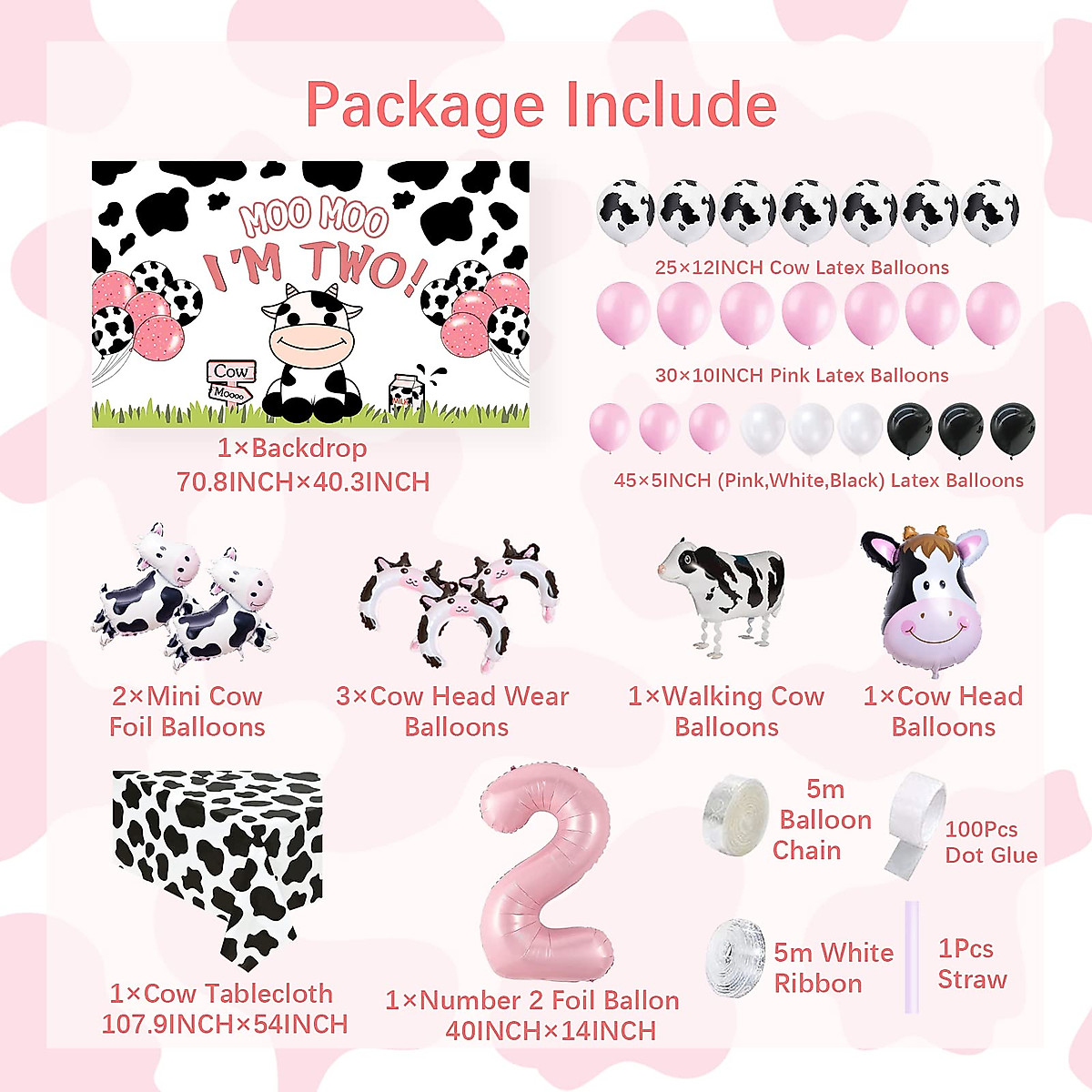 Roetyce Cow 2nd Birthday Decorations for a Girl, Moo Moo I'm Two Birthday Decorations Girl Boy Cow 2nd Birthday Party Supplies, Cow Two Birthday Banner and Cow Balloons for Cow Themed Birthday Decor