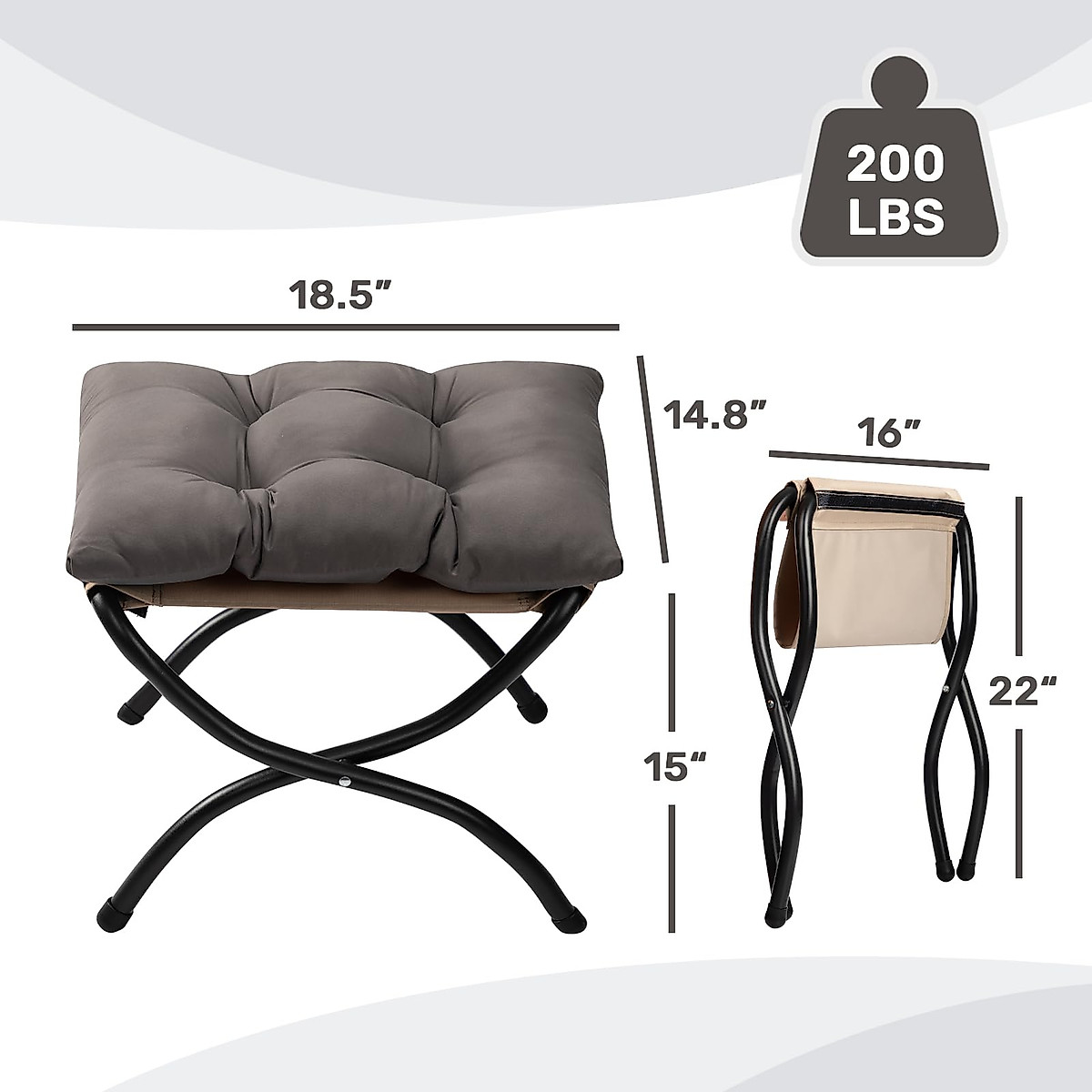 AbocoFur 15"(H) Folding Footrest Stool, Accent Padded Sofa Foot Stool for Lazy Chair, Upholstered Small Foldable Ottoman, Metal Frame Portable Foot Rest Ottoman for Living Room, Bedroom, Dark Grey