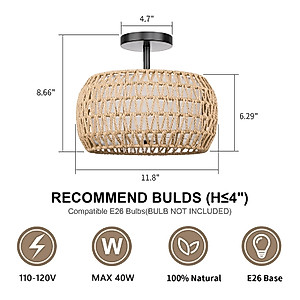 FRIDEKO HOME 3-Light Semi Flush Mount Ceiling Light - Woven Rattan Light Fixtures Ceiling Mount Boho Light Fixture with Fabric Shade Ceiling Light Fixture for Bedroom Kitchen Hallway Dining Room