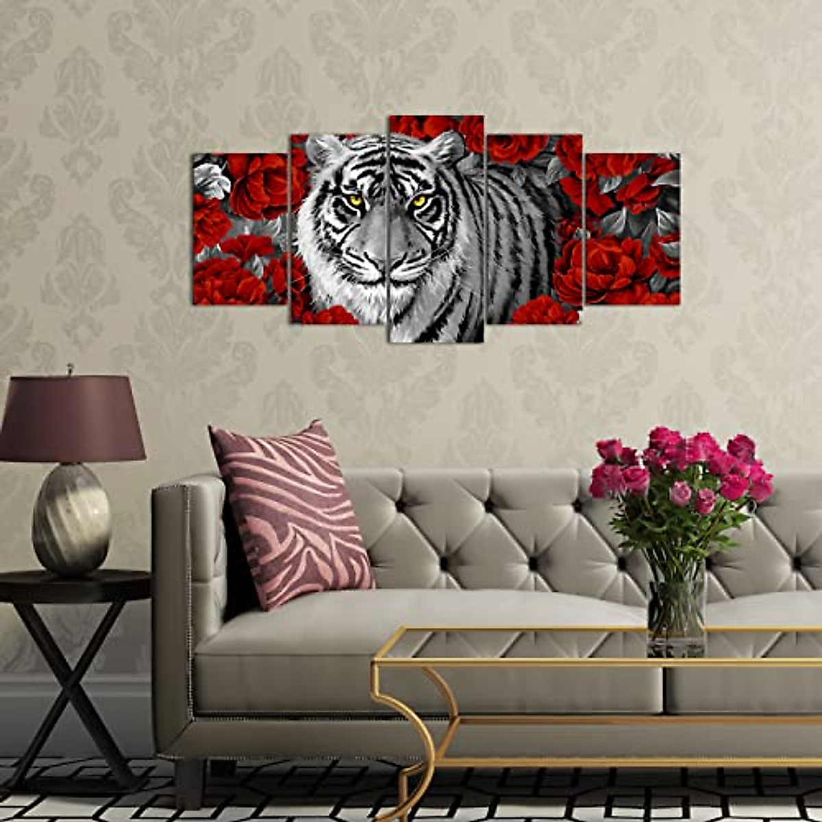 Kalormore Black and White Tiger Canvas Wall Art 5 Pieces Animal Wildlife Cool Tiger in Burgundy Red Flowers Painting Prints Gallery Wrap Artwork for Living Room Bedroom Home Office (L-50 xH-24)
