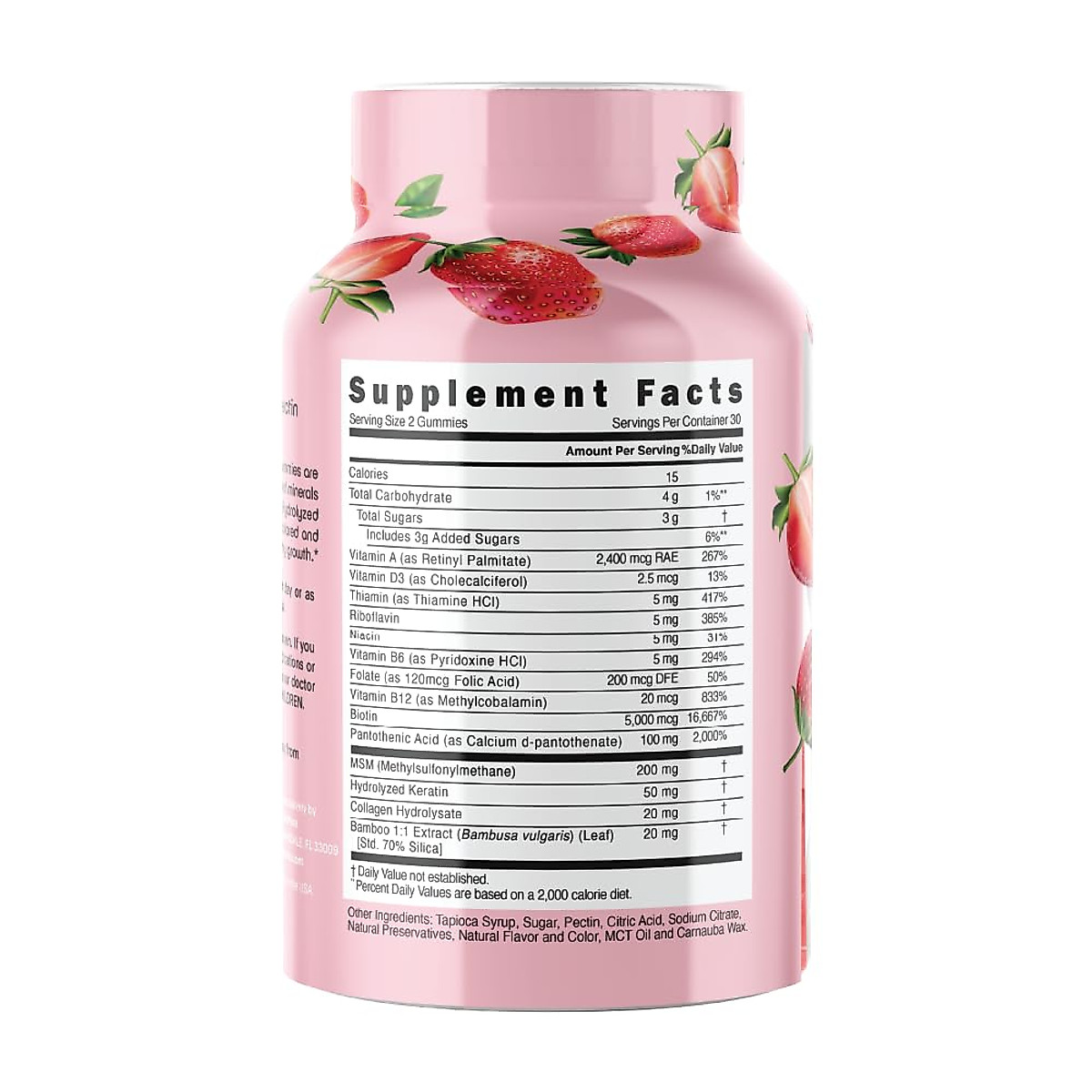 MYVIDAPURE Hair Skin Nails. Biotin, MSM, Vitamin D3, Collagen, Hydrolyzed Keratin, Vitamin A, Riboflavin, Natural Strawberry Flavor, Color Non GMO, Gluten Free (60 gummies)