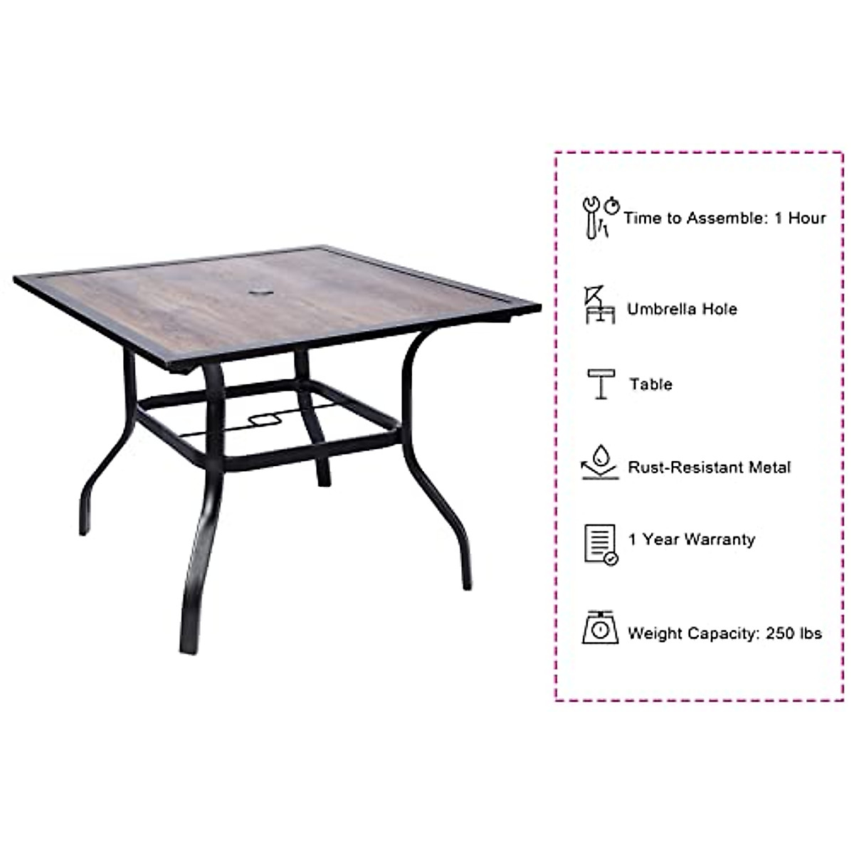 Luckyberry Square Backyard Bistro Table Patio Dining Table Outdoor Furniture Garden Table, Imitation of Wooden Surface Top, 1.57” Umbrella Hole, Wooden Color