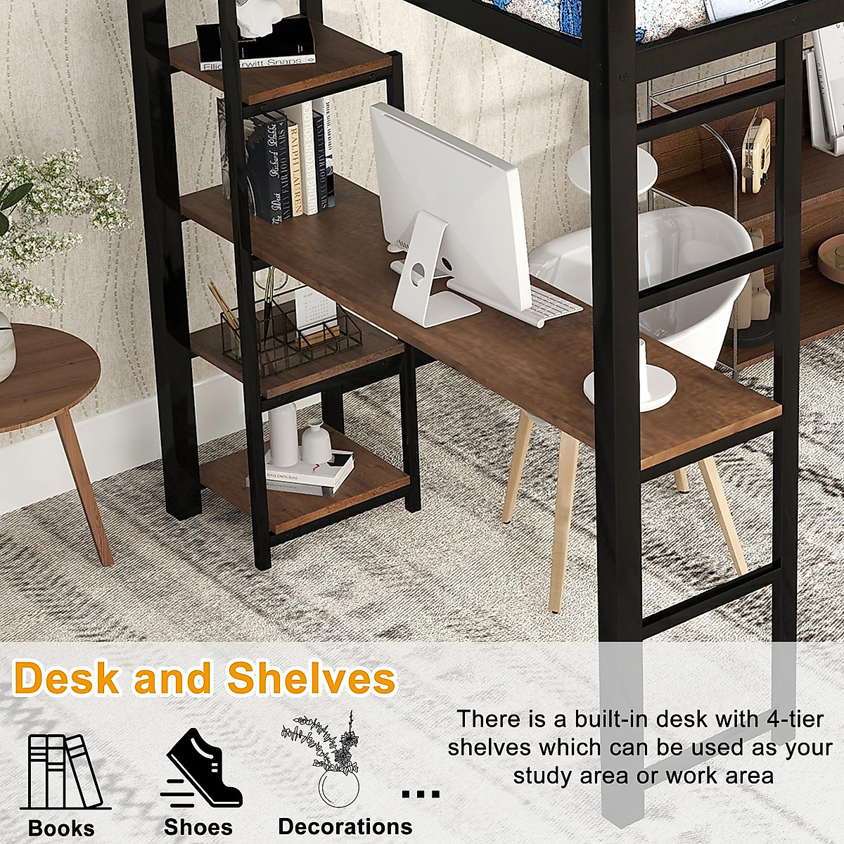 Bellemave Full Size Loft Bed with Desk,Metal Loft Bed with Storage Shelves,Heavy Duty Metal Loft Bed for Kids Teens Adults,Black