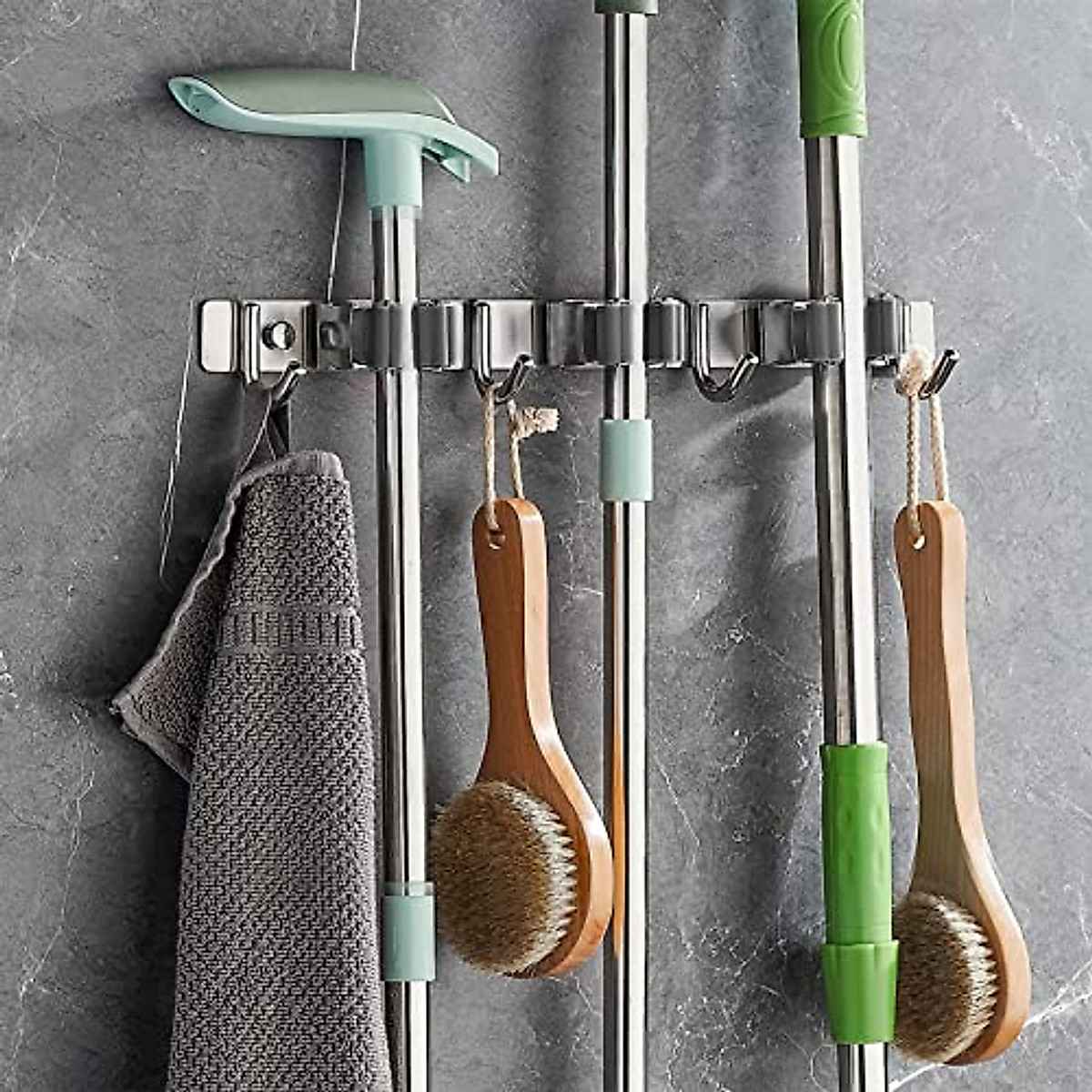 FULGENTE Broom Mop Holder, Wall Mount Storage Cleaning Tools Organizer for Laundry Garage Garden Bath Kitchen, Screw-In Heavy Duty Stainless Steel Utility Rack Hanging Shelf (3 Racks 4 Hooks)