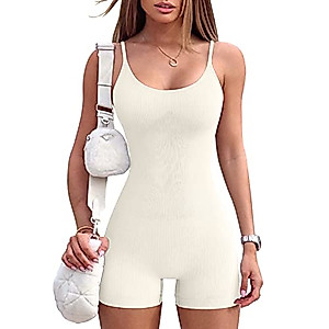 OQQ Women's Yoga One Piece Ribbed Spaghetti Strap Exercise Romper, Beige, Medium