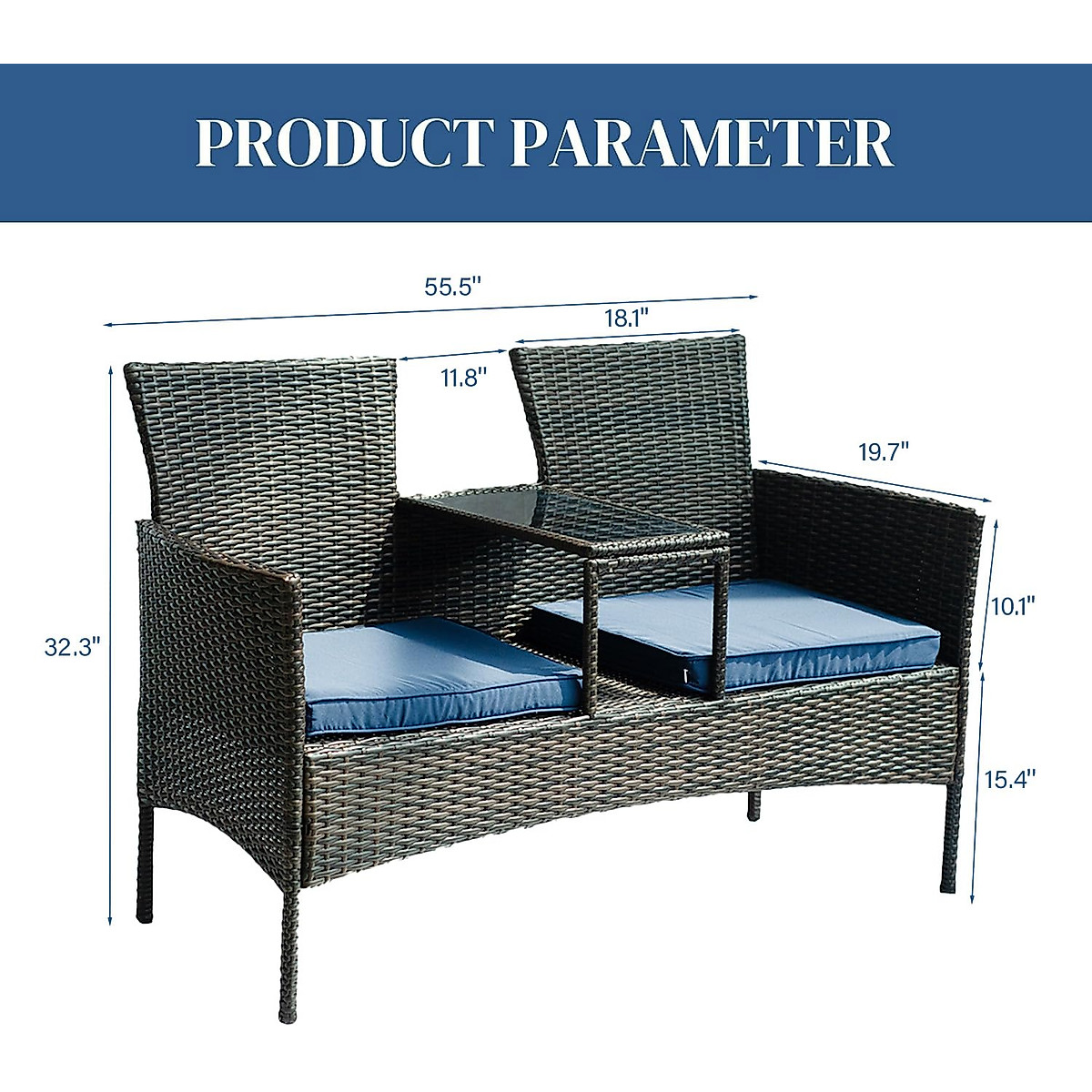 TINKLE WELL Wicker Outdoor Loveseat Modern Rattan 2-Seat Patio Conversation Set with Cushions & Built-in Coffee Table Porch Furniture for Garden Lawn Backyard, Brown