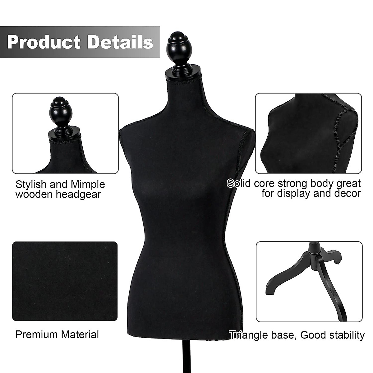 HCY Female Mannequins Torso Dress Form for Display Manikin Body Mannequin Stand 60In-67In Height Adjustable for Sewing Wooden Tripod Base, Foam Body（Black）, HY-H170-BLACK