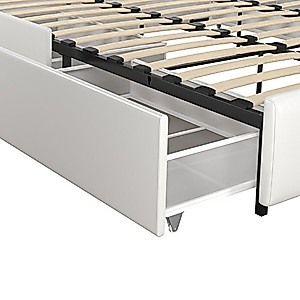 DHP Dakota Upholstered Platform Bed with Underbed Storage Drawers and Diamond Button Tufted Headboard and Footboard, No Box Spring Needed, King, White Faux Leather