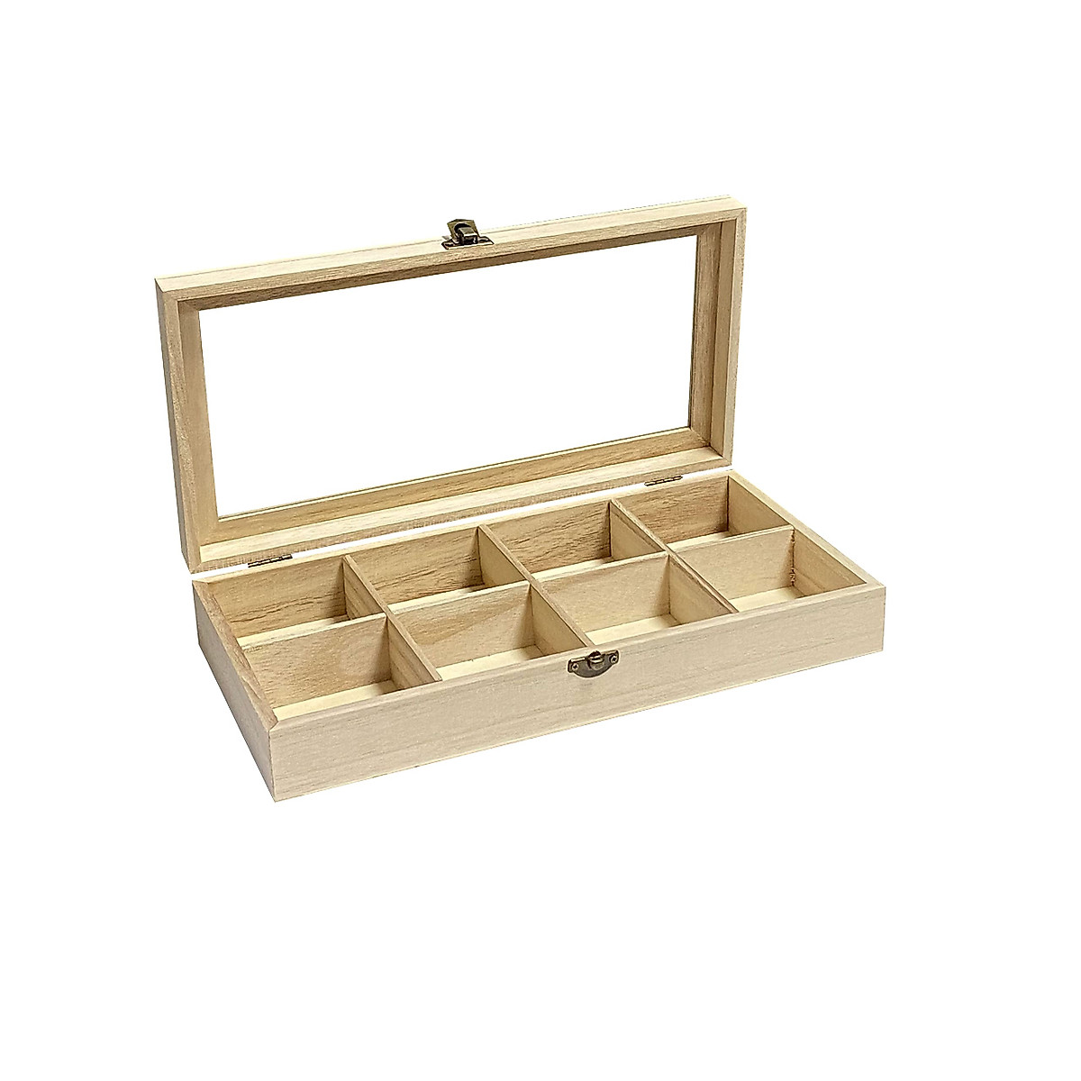Cregugua 2 Pack Unfinished Wooden Box with Glass Lid, Wood Jewelry Storage Tray Box,8 Compartment Organizer 12.6 x 6.3 x 2.4 In