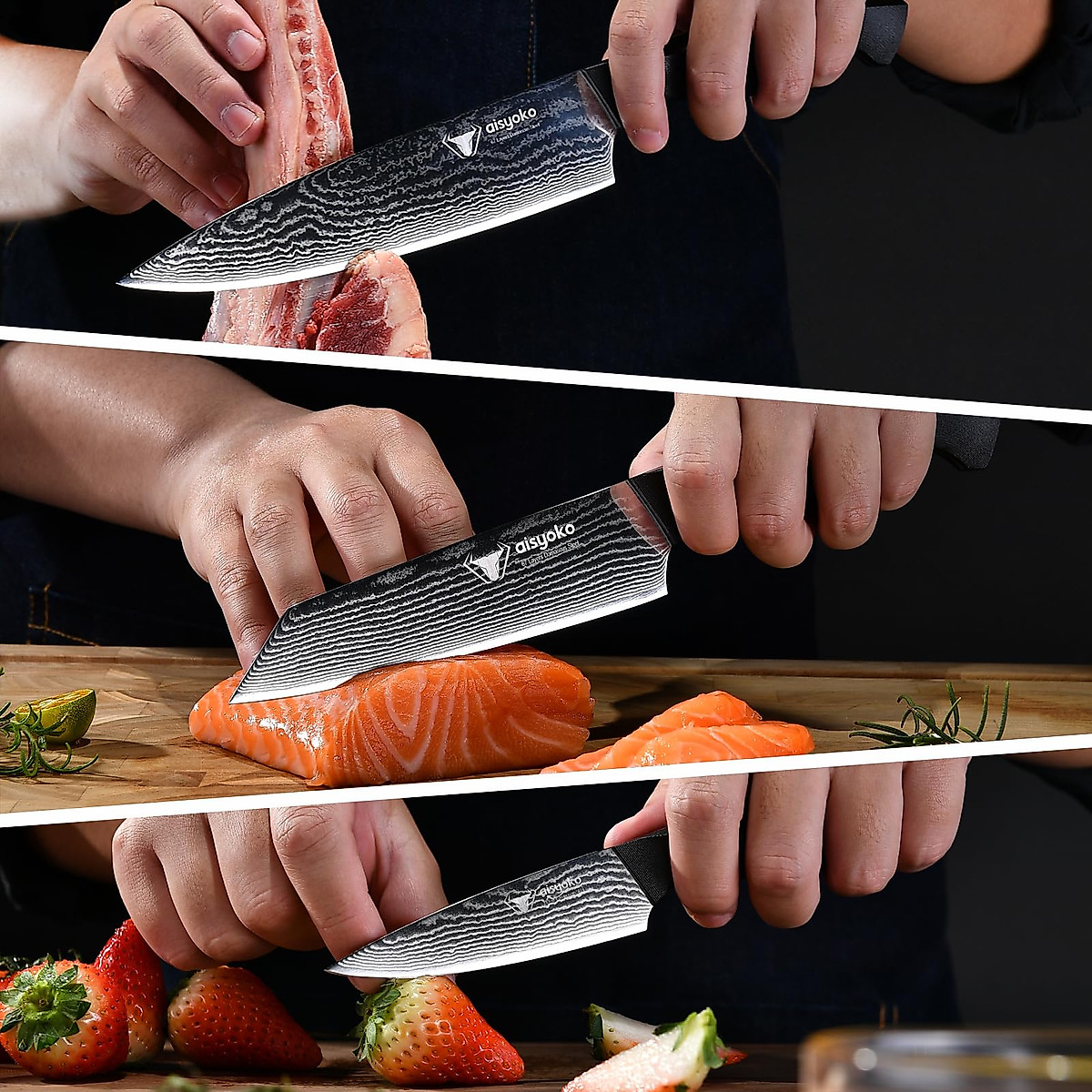 aisyoko 8C Damascus Knife Set 3PC Chef Knife,Kitchen knife,paring knife,High Carbon Stainless Steel,Ergonomic Full Tang ABS Anti-Skid Handle,Professional Japanese Cooking Knife with Luxury Gift Box