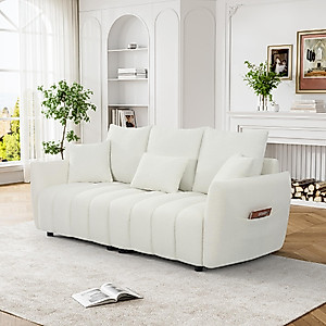 Wrofly Teddy Cloud Sofa Couch, Modern Deep Seat Boucle Sofa, Comfy Upholstered Sherpa 3 Seater Couch with 3 Pillows, Oversized Loveseat for Living Room Apartment Office, Beige White