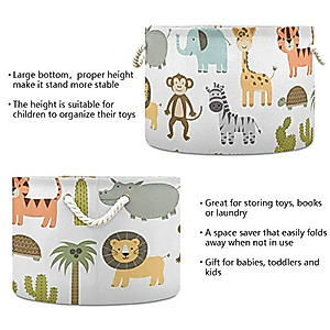 AJINGA Collapsible Round Storage Basket Fabric Toy Chest Organizer, Cute Safari Animals Giraffe Lion Hippo Crocodile Laundry Basket with Drawstrings for Kids