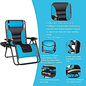 VOYSIGN Oversized Reclining Patio Chair, XL Padded Adjustable Zero Gravity Lounge Chair w/Pillows and Cup Holder Trays, Support 350 lbs - Sky Blue