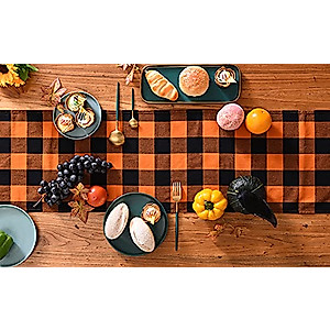 Tosewever Halloween Buffalo Check Plaid Table Runner, Cotton Polyester Blend Classic Family Dinner Table Runners for Indoor Outdoor Parties Events Home Decoration (Orange and Black, 14 x 72 Inch)
