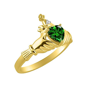 Rylos Rings 14K Gold Plated Silver Claddah Love, Loyalty & Friendship Ring Heart 6MM Gemstone & Diamond Claddagh Rings May Emerald Jewelry Size 7