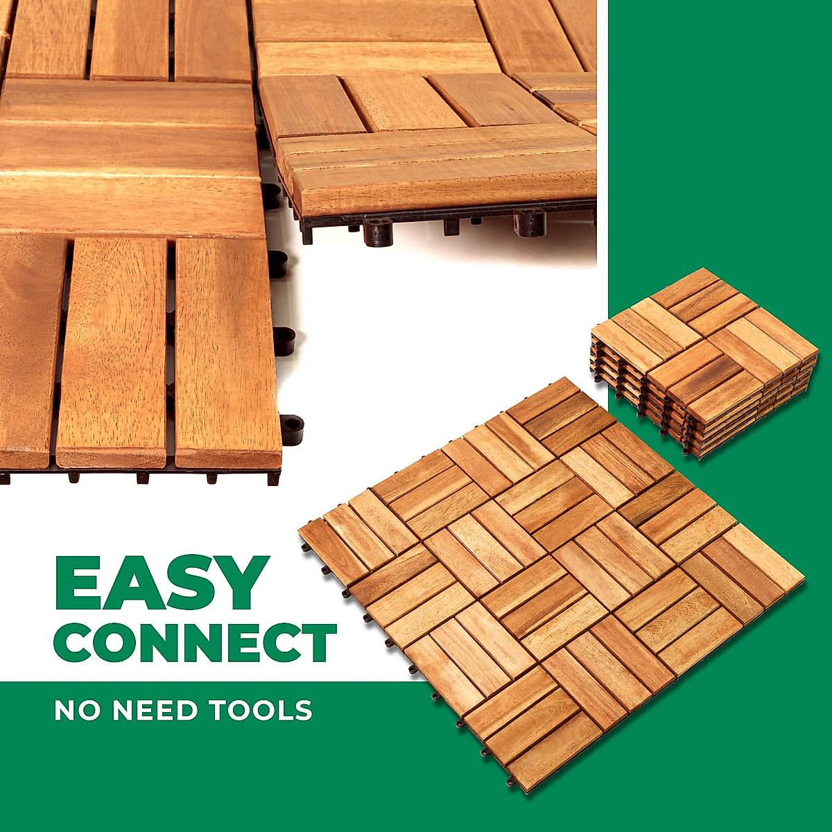 Solid Wood Interlocking Deck Tiles (Pack of 10, 12" x 12"), Acacia Deck Tiles, Floor Tiles for Both Indoor and Outdoor Use, Waterproof All Weather 12slats (12x12, 12 Slat)