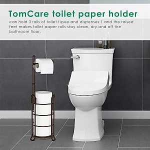TomCare Toilet Paper Holder Toilet Paper Stand and Dispenser for 4 Mega Rolls Metal Wire Free-Standing Toilet Tissue Paper Roll Storage Shelf Bathroom Accessories Storage Organizer Bronze