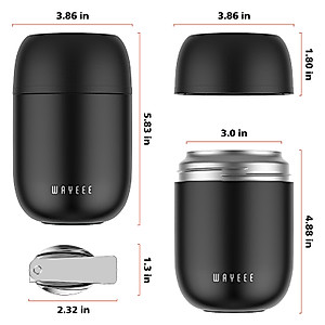 WayEee Food Containers for Hot Food Insulated Food Jar, Vacuum Bento Box Lunch Containers 16 oz for Kids Adults, Airtight Stainless Steel Soup Containers with Spoon, for School, Travel, Picnic - Black